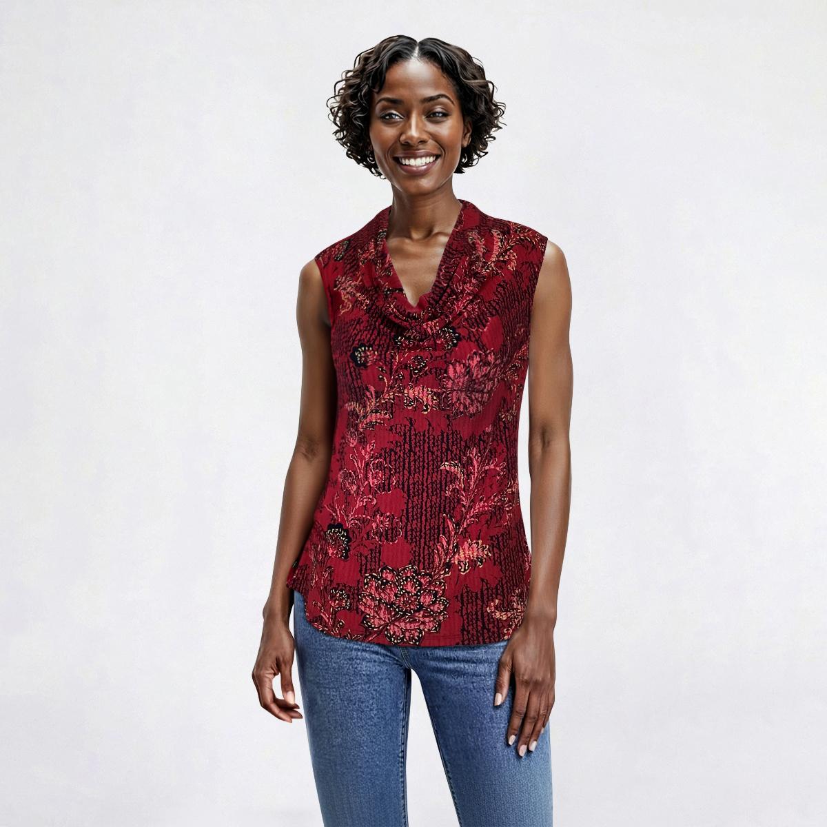 Kasper Womens Printed Cowlneck Cap-Sleeve Blouse - Black Multi